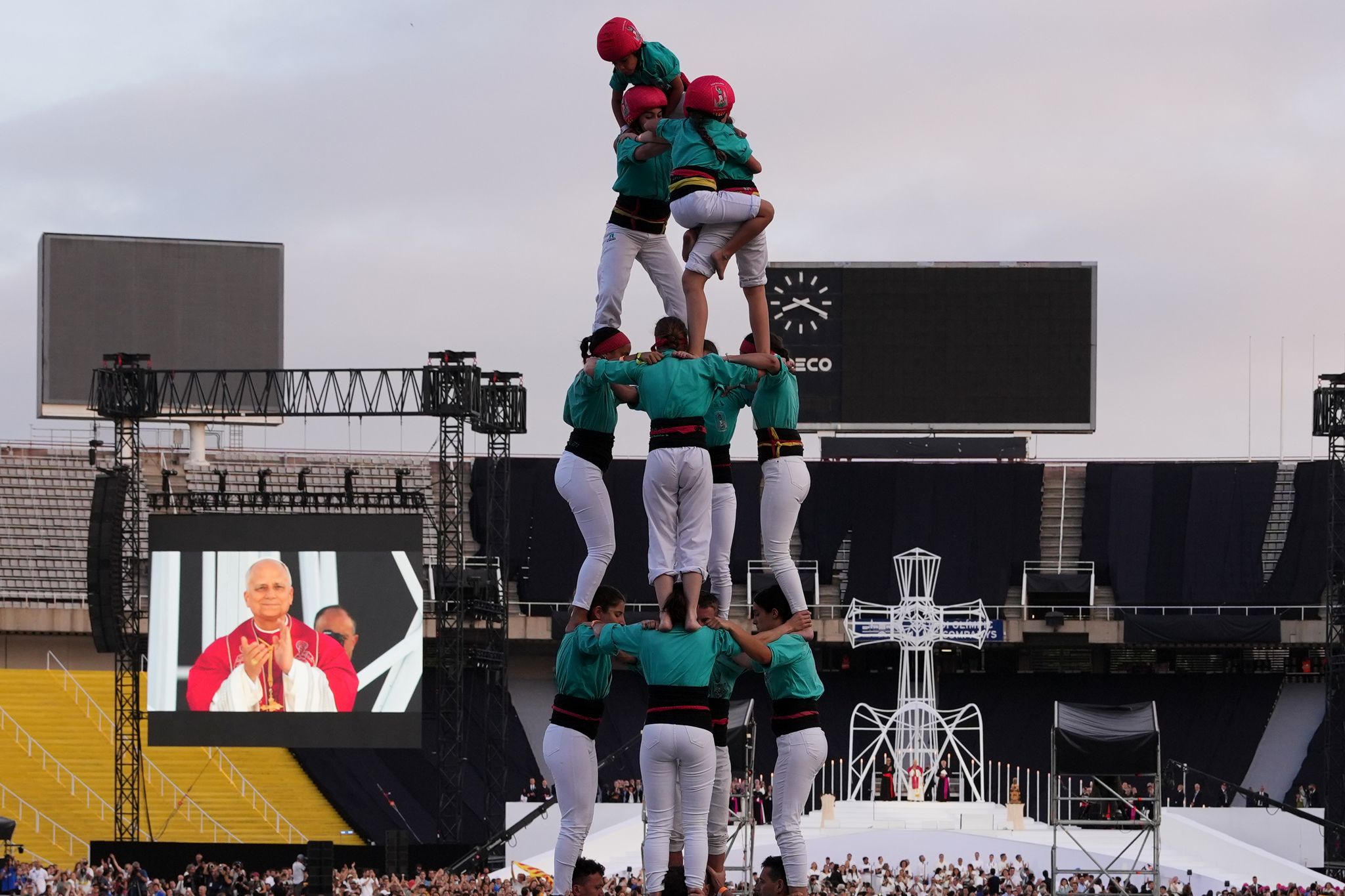 Catalonia's famed human tower climbers greet Pope Leo in Barcelona