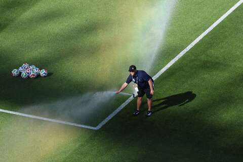 Sprinkler malfunctions at halftime of Iraq-Norway World Cup match at ...