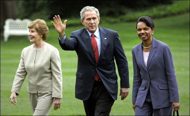 Mrs. Bush, Rice defend president's tenure