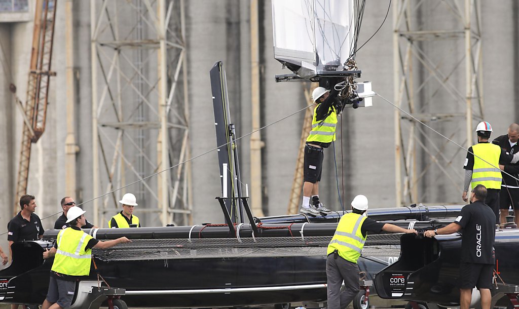 Oracle boats on S.F. bay preparing for San Diego