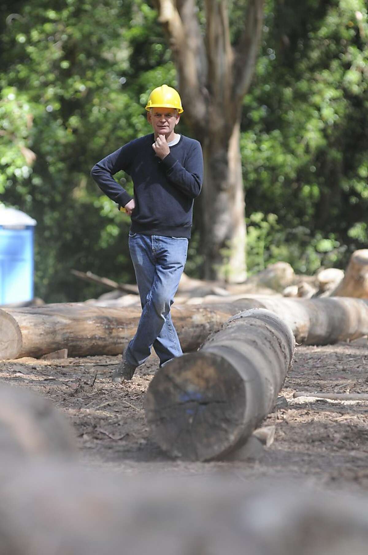Goldsworthy plots the curves of his linking logs