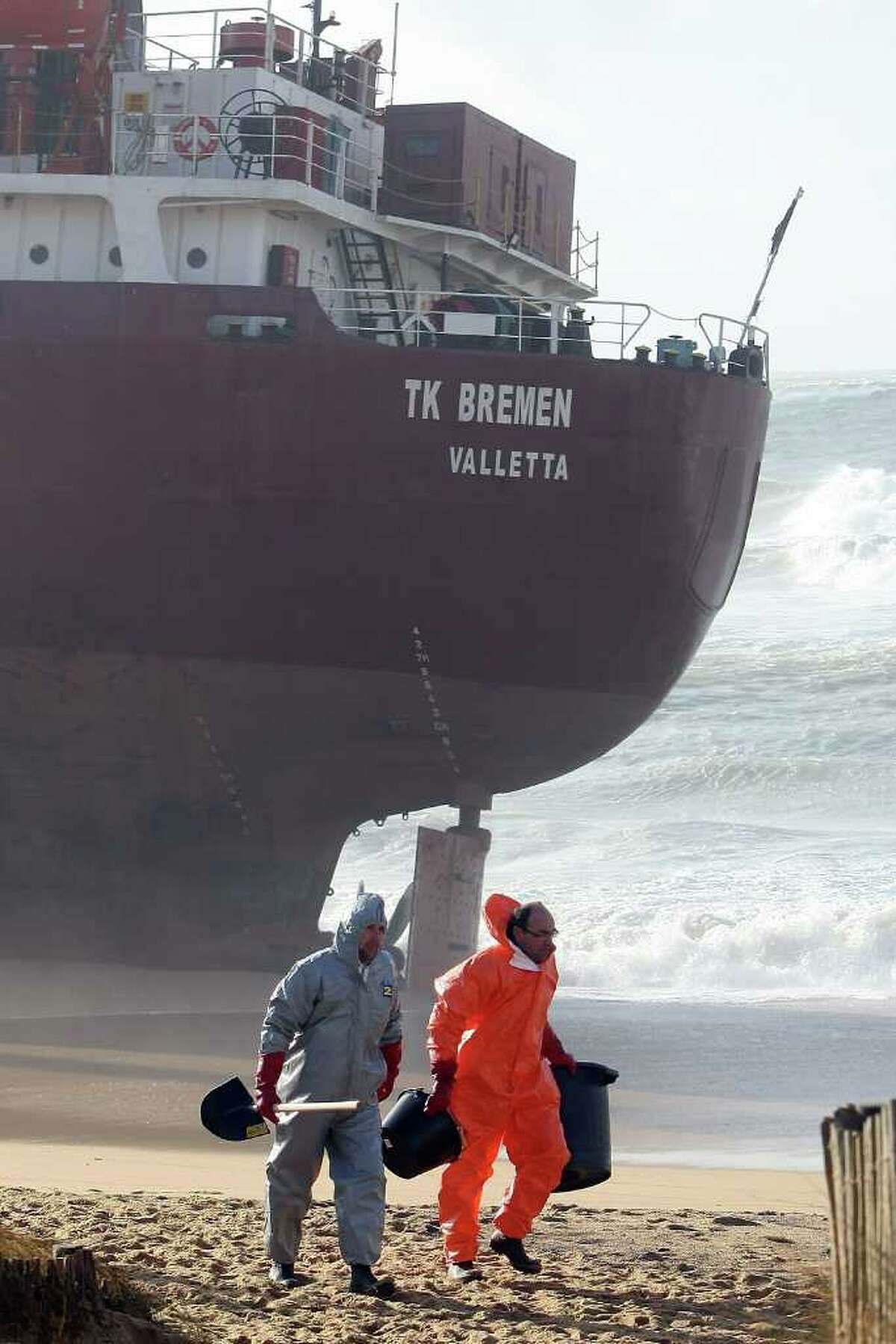 Cargo ship stranded on beach in France