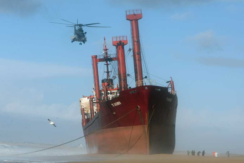 Cargo ship stranded on beach in France