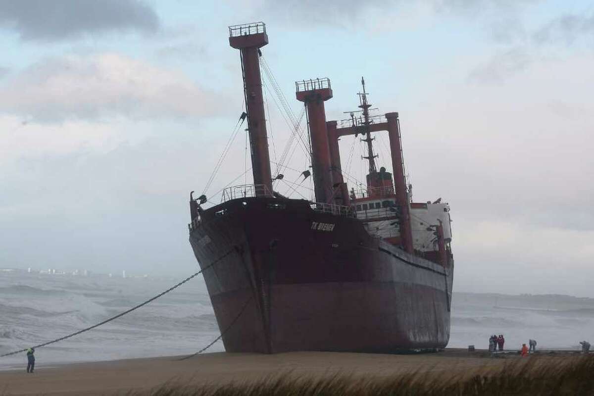Cargo ship stranded on beach in France