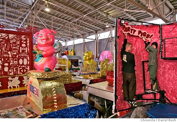 Festooning floats for Chinese New Year Parade