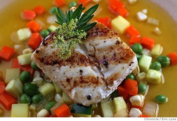 Vegetable nage nestles up to halibut and Chardonnay