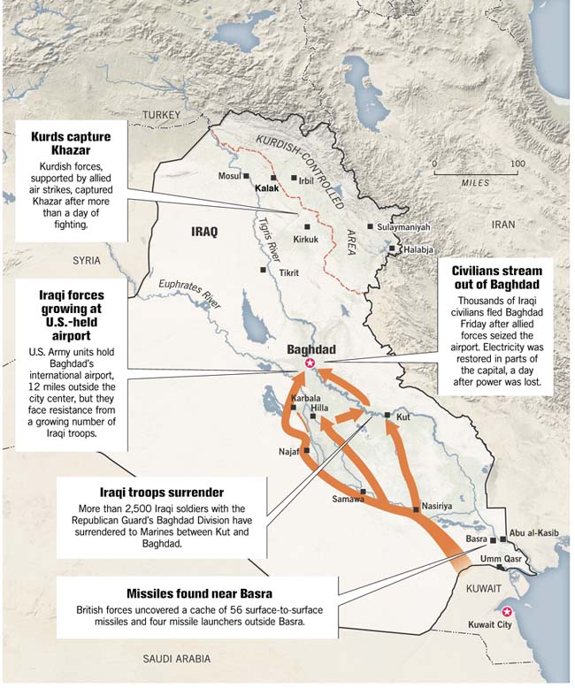 Sudden drive into Baghdad / 'SPORADIC FIGHTING': U.S. forces near heart ...