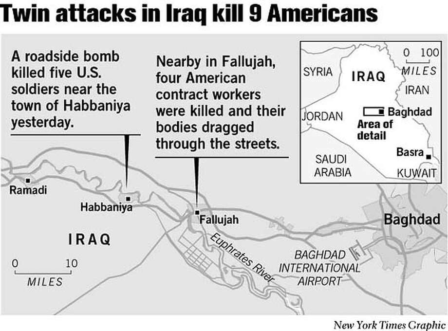 Horror at Fallujah / SAVAGE ATTACK: Bodies dragged through street, hung ...