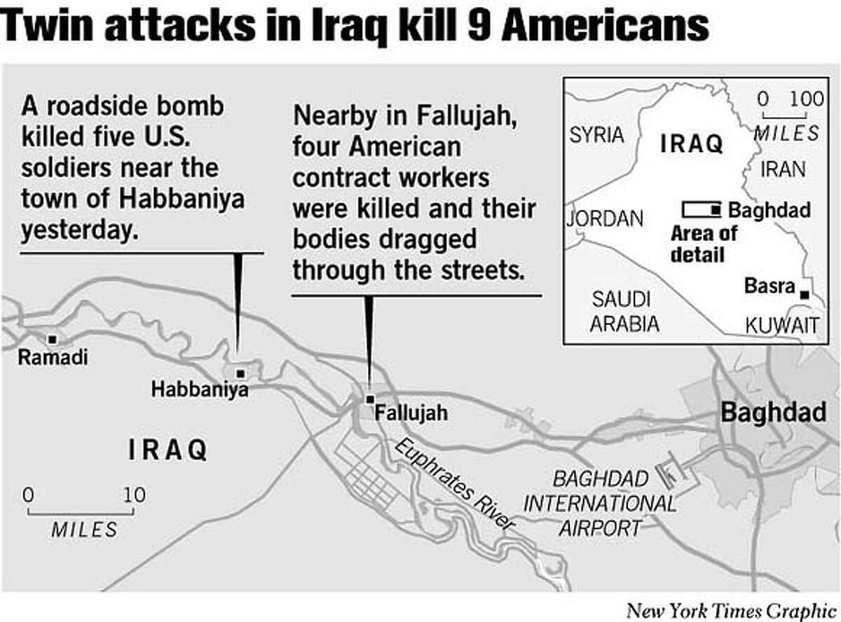 Horror at Fallujah / SAVAGE ATTACK: Bodies dragged through street, hung ...