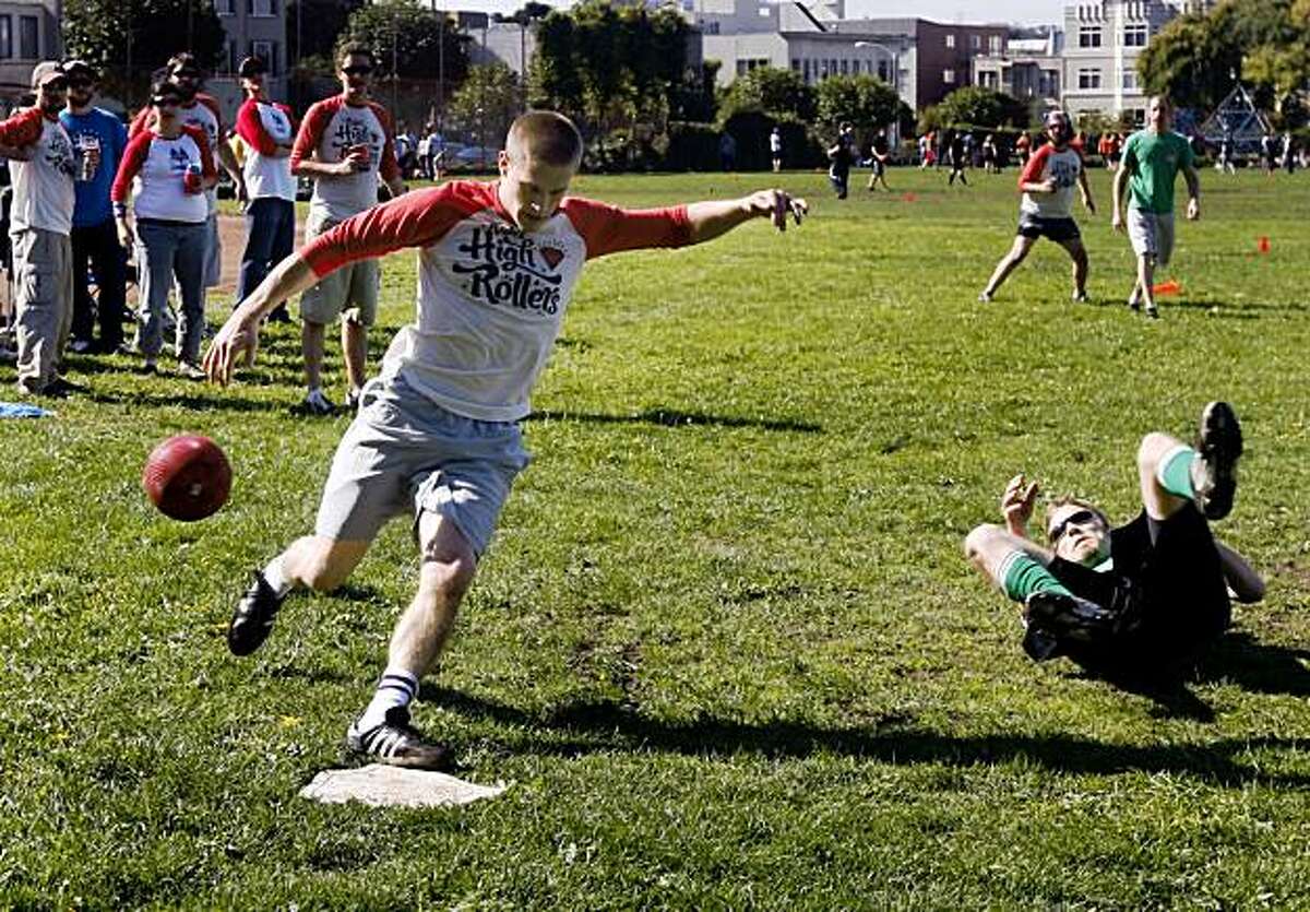 Grown-ups get a kick out of kickball