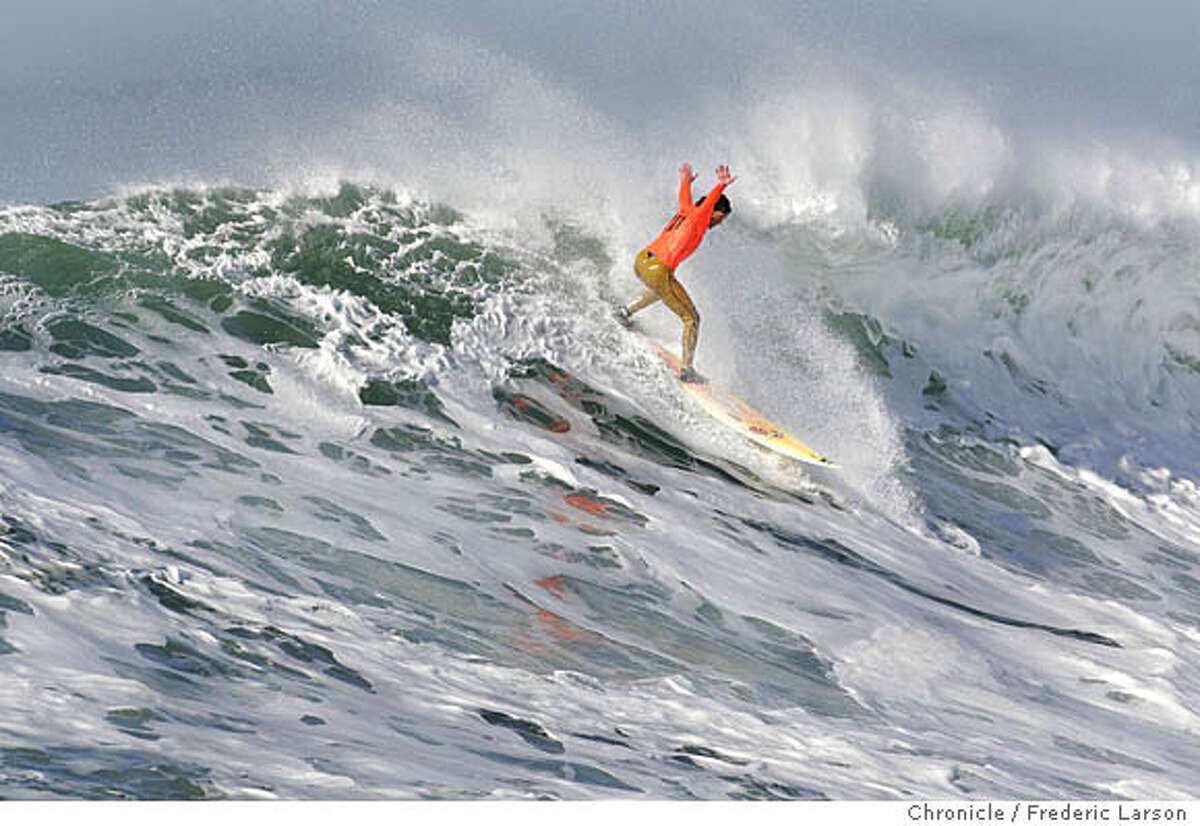 Surfers soar at Maverick's - fans cheer them on at beach, ballpark