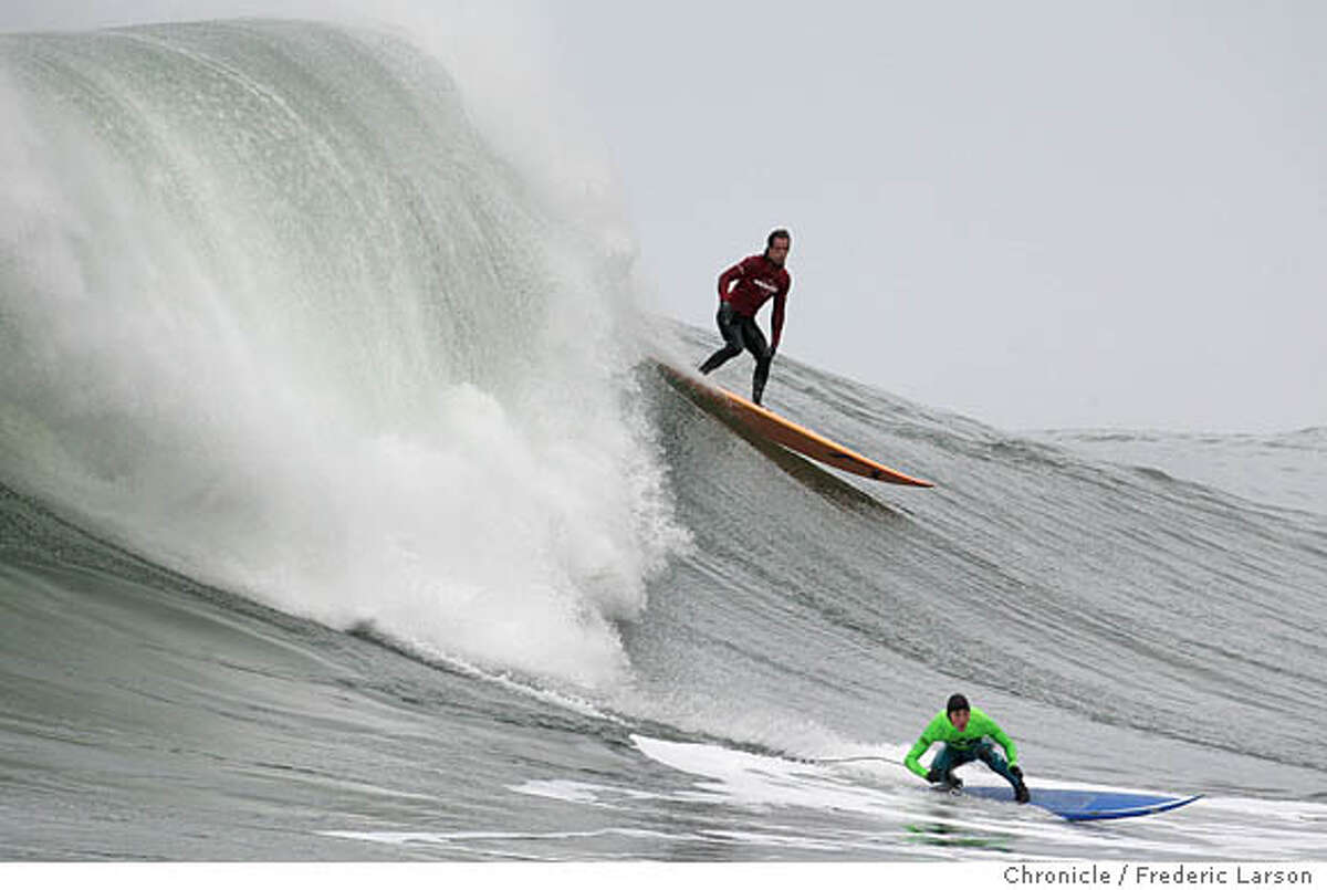 Surfers soar at Maverick's - fans cheer them on at beach, ballpark