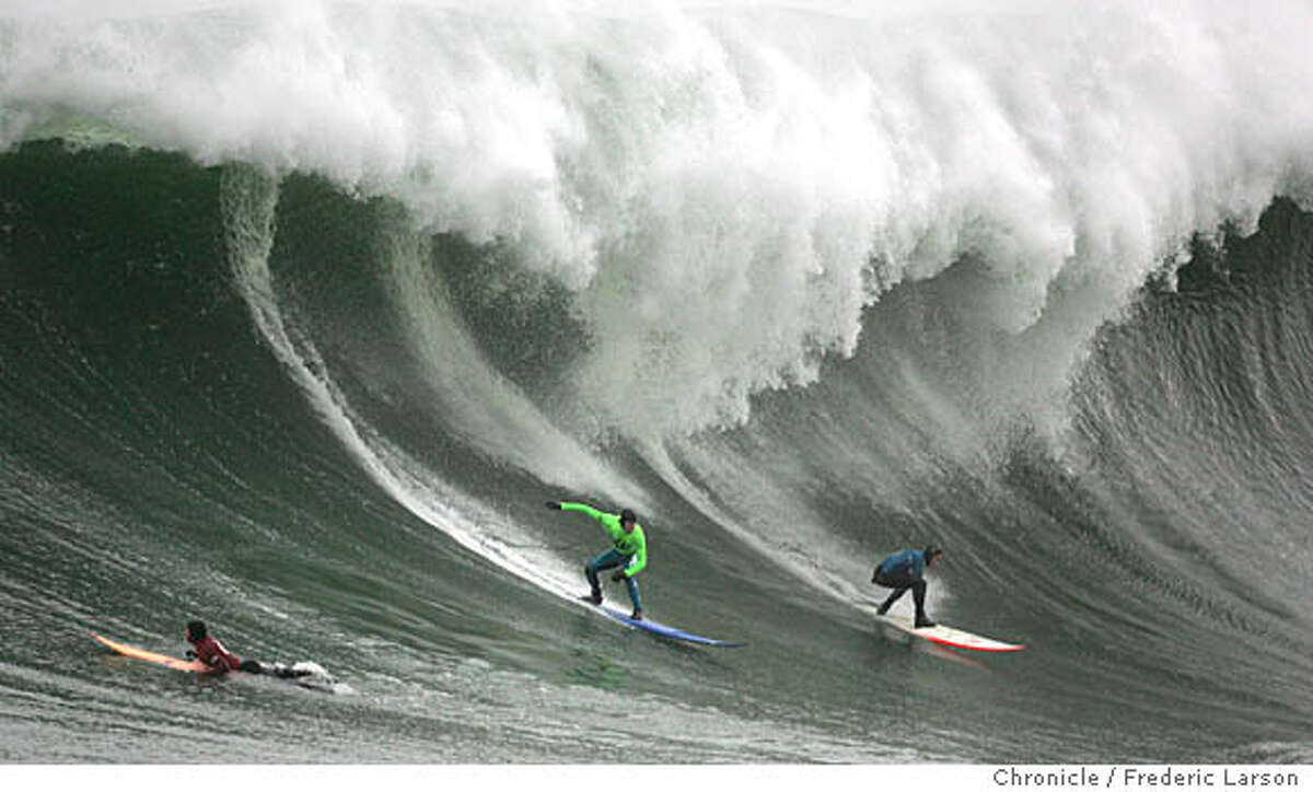 Surfers soar at Maverick's - fans cheer them on at beach, ballpark