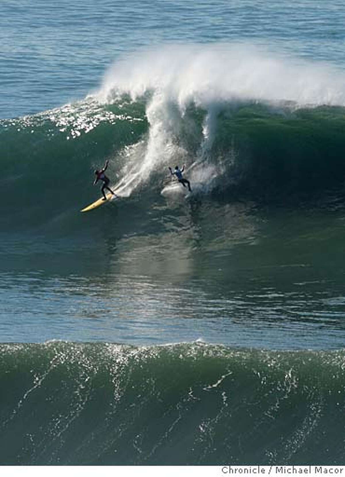 Surfers soar at Maverick's - fans cheer them on at beach, ballpark