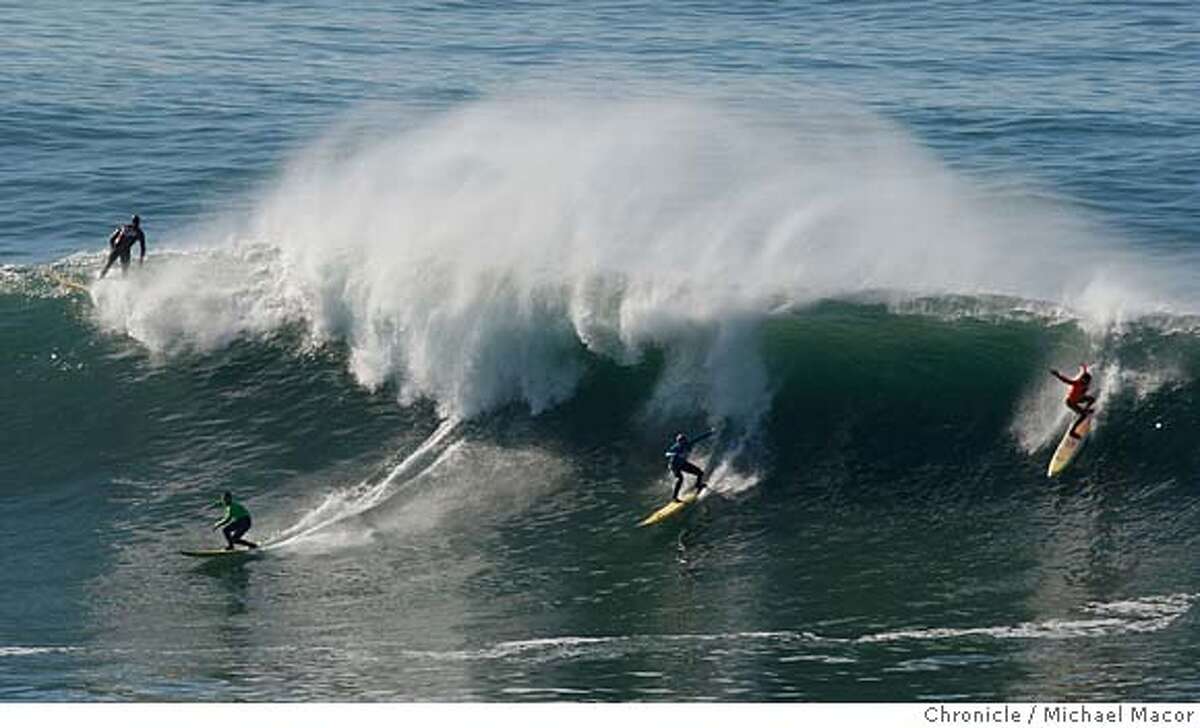 Surfers soar at Maverick's - fans cheer them on at beach, ballpark