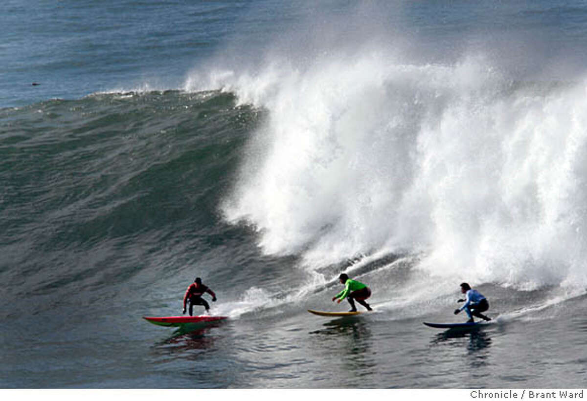 Surfers soar at Maverick's - fans cheer them on at beach, ballpark