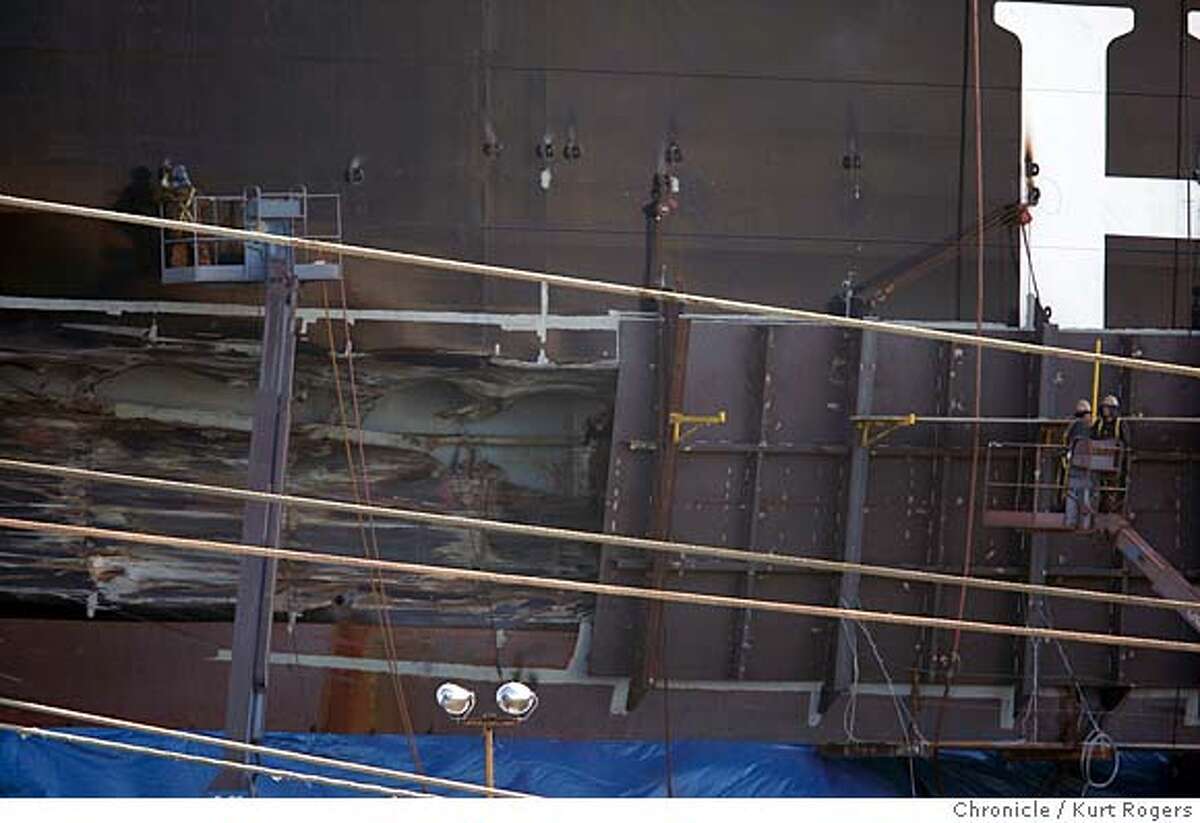 Cosco Busan getting giant steel Band-Aid at San Francisco shipyard