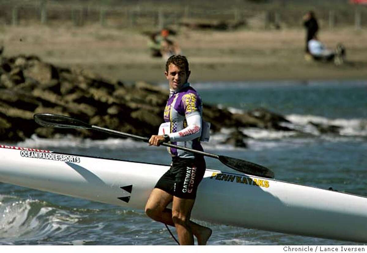 A race paddling a 'ski' on the sea / Missile-shaped craft evolved from ...