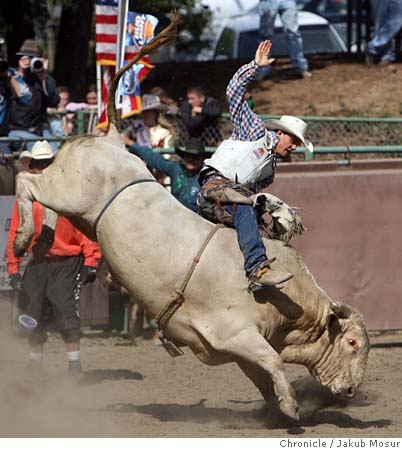 Hanging on for dear life at Rowell Ranch Rodeo