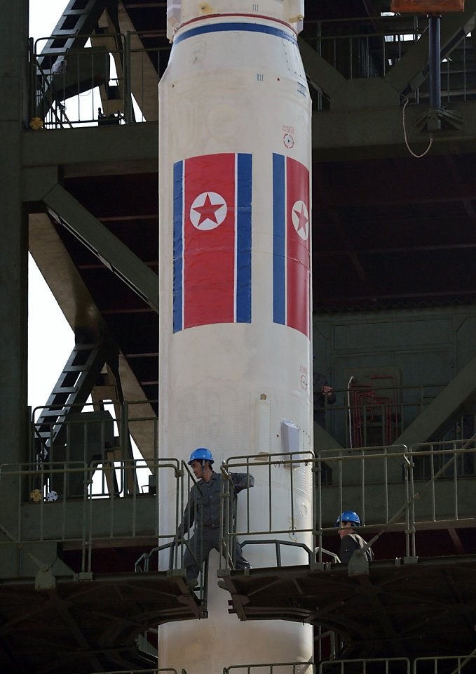 North Korea long-range rocket set up for launch