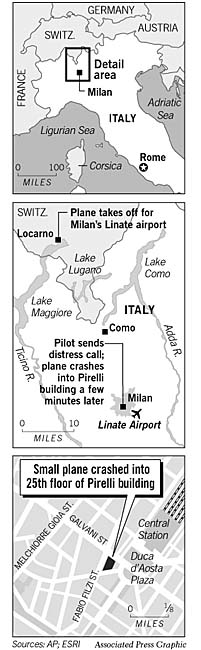 5 die as plane crashes into Milan skyscraper