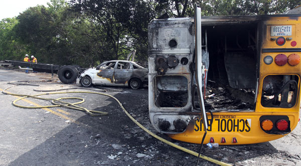 A fiery crash but sturdy school bus