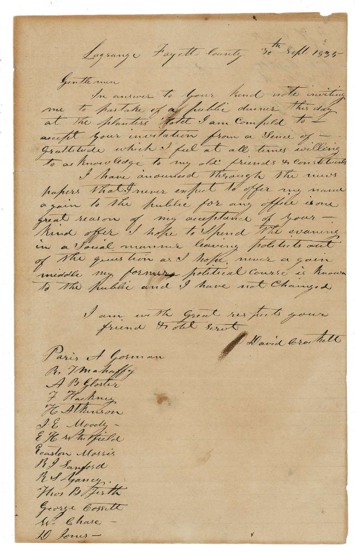 Bidding at $24,655 for Crockett letter