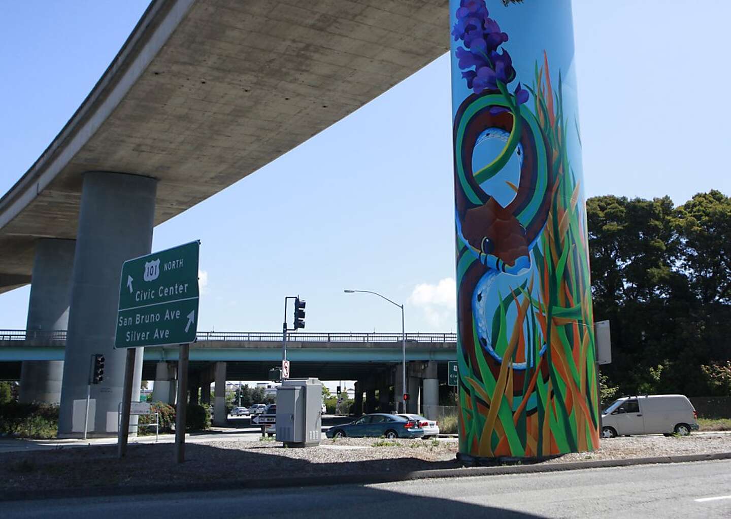 Teen's mural brightens pillar at Hwy. 101, I-280