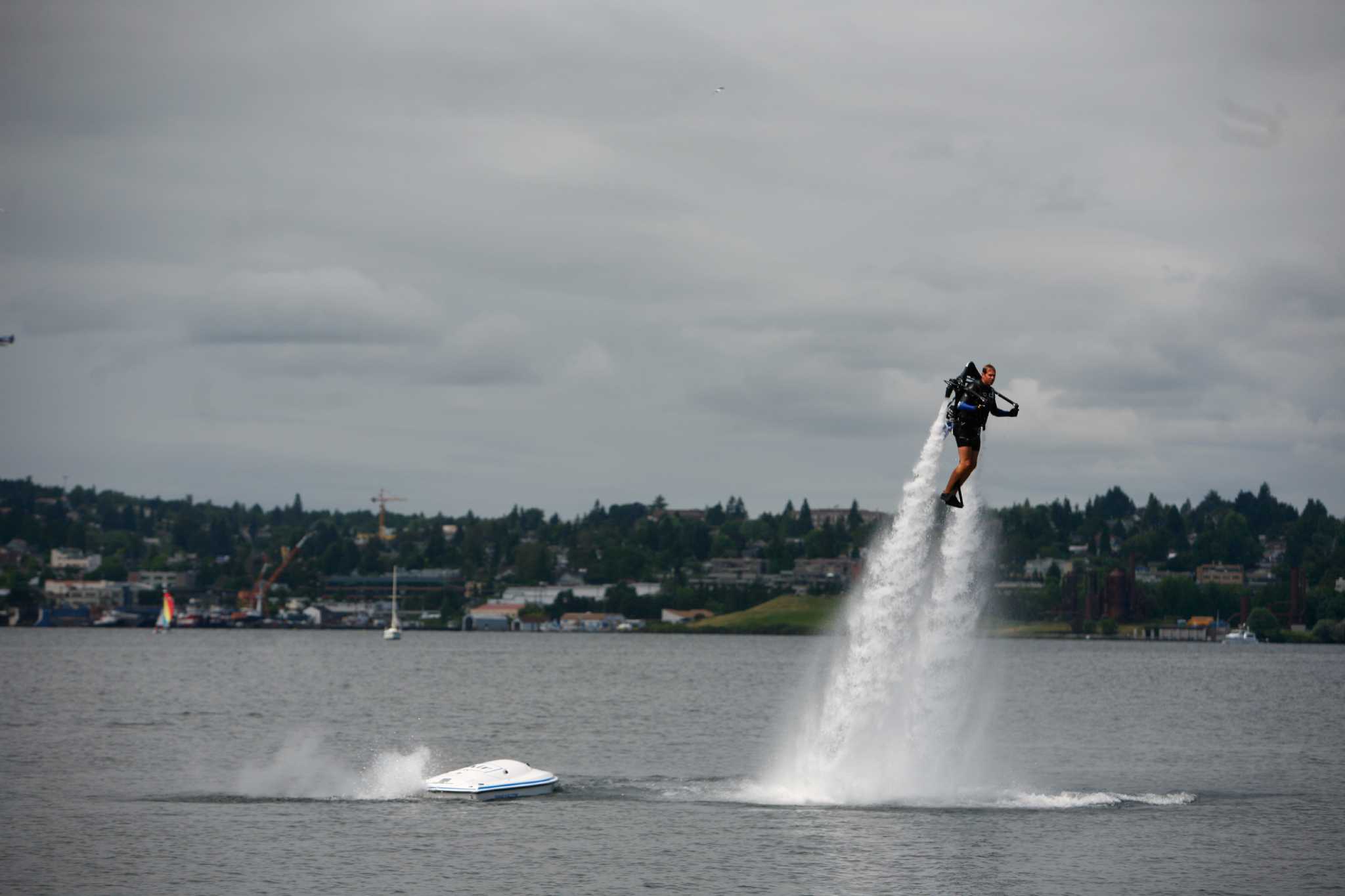 Water-powered jet pack over Lake Union