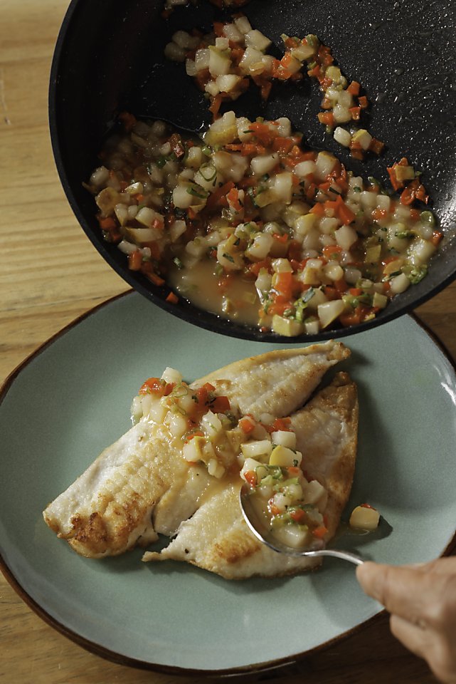 Delicate petrale sole fish needs firm pear