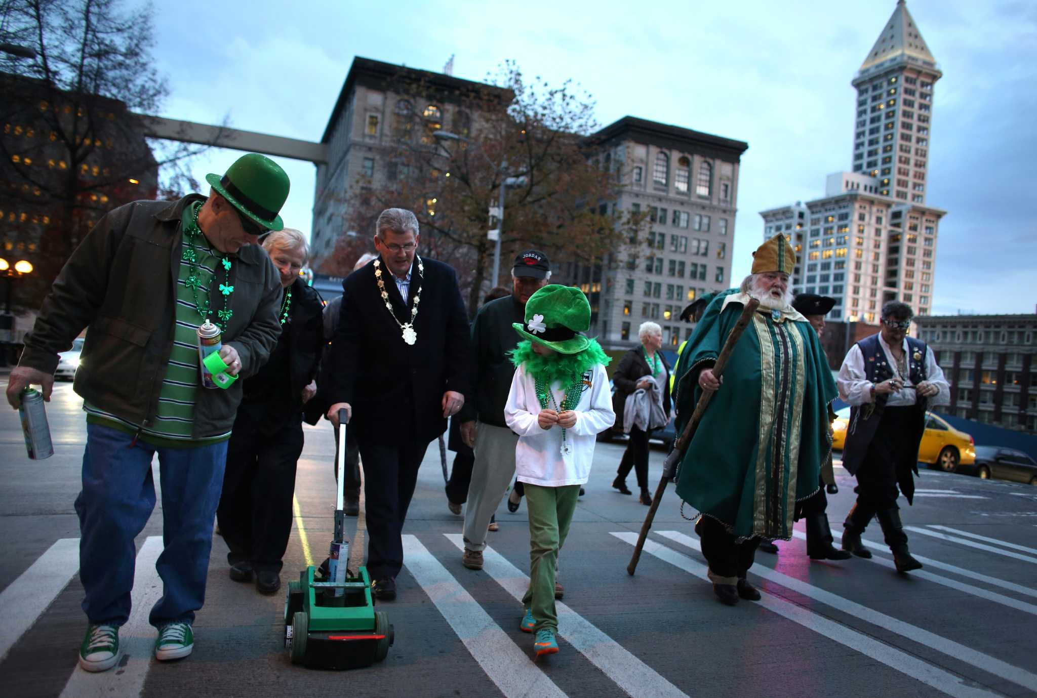 Irish paint Seattle street green for St. Patrick's Day
