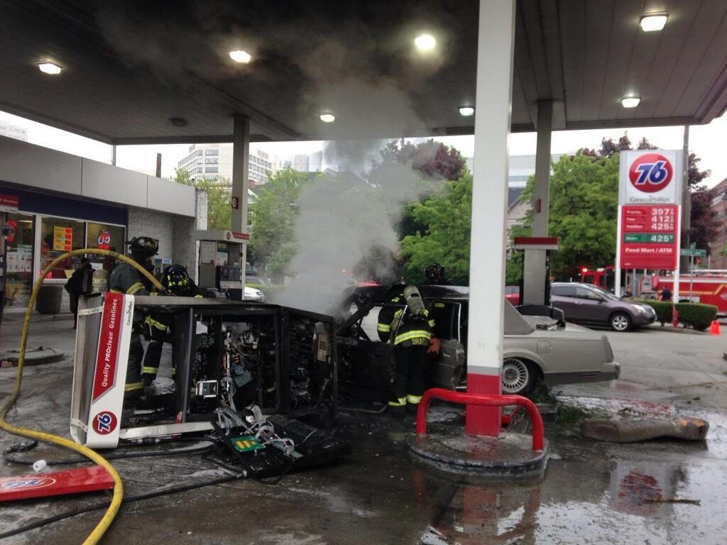 Traffic blocked after car rams gas pumps on First Hill