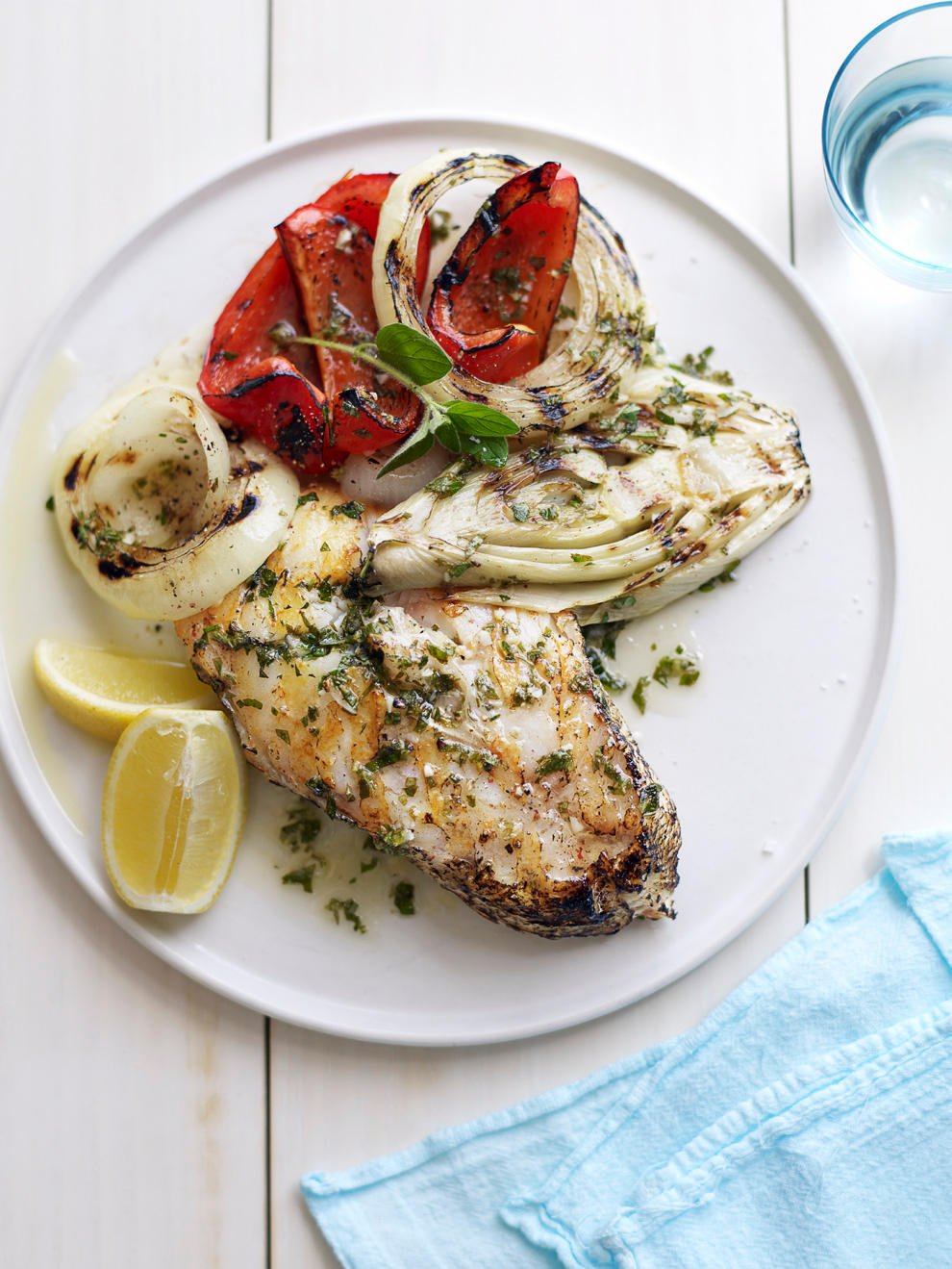 Recipe: Fish Steaks With Grilled Fennel, Red Peppers and Onions