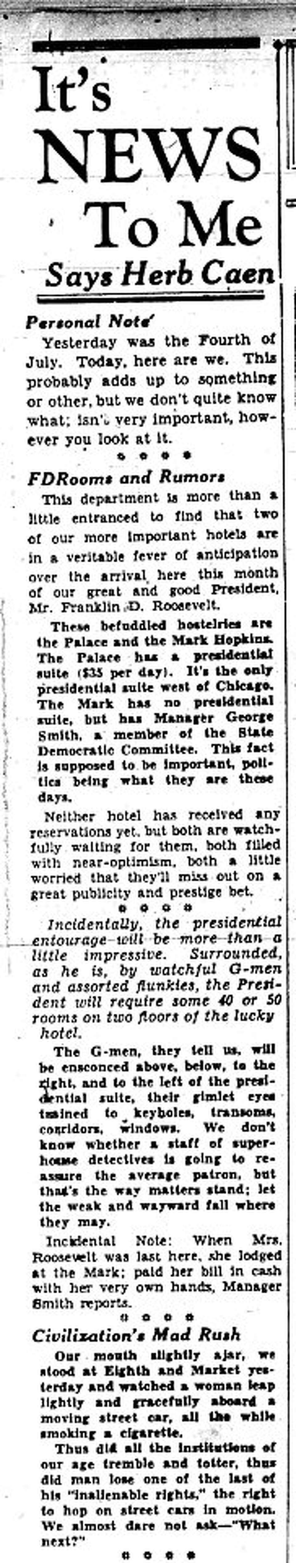 Herb Caen's first column