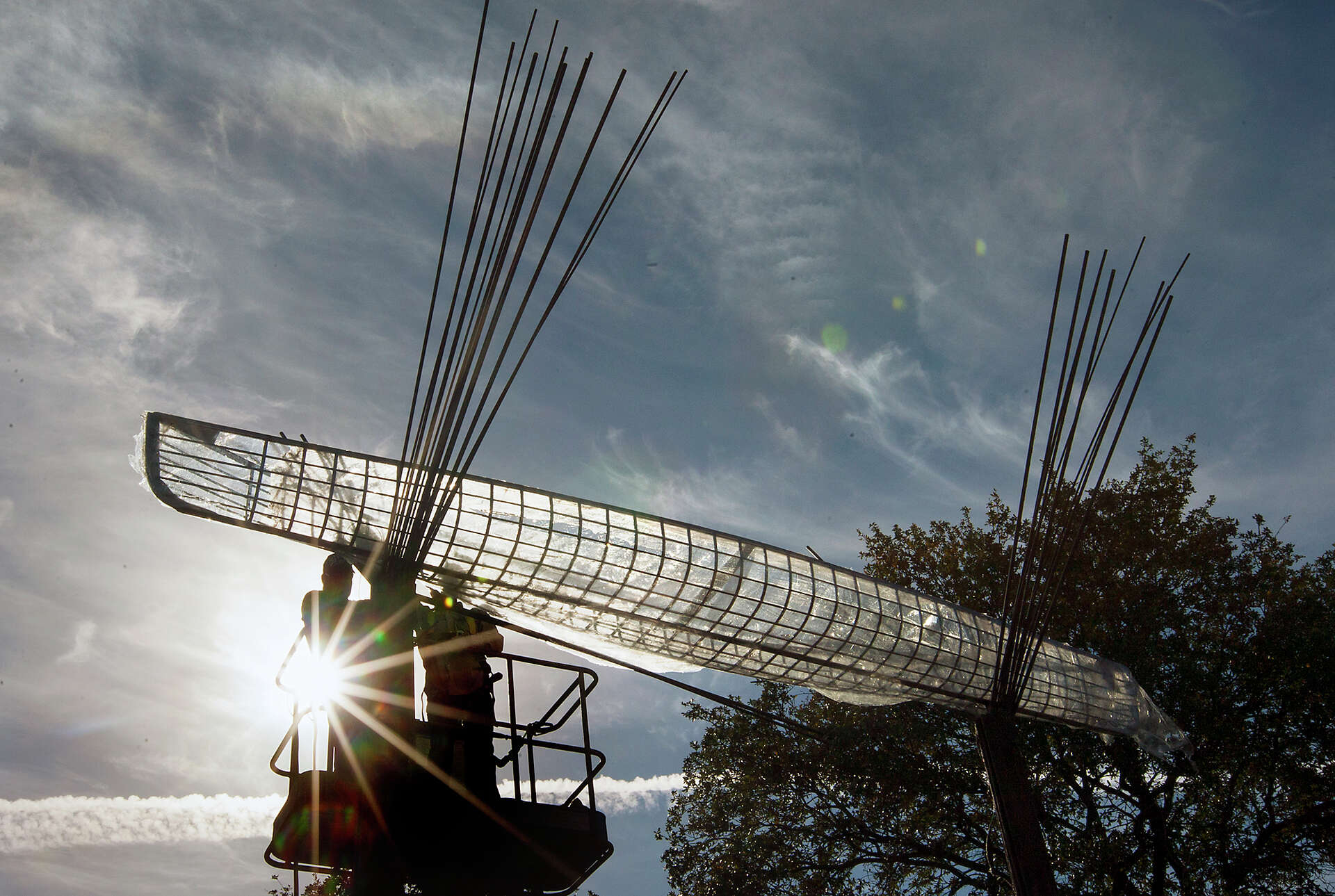 Stainless steel canoe appears in the trees along Buffalo Bayou