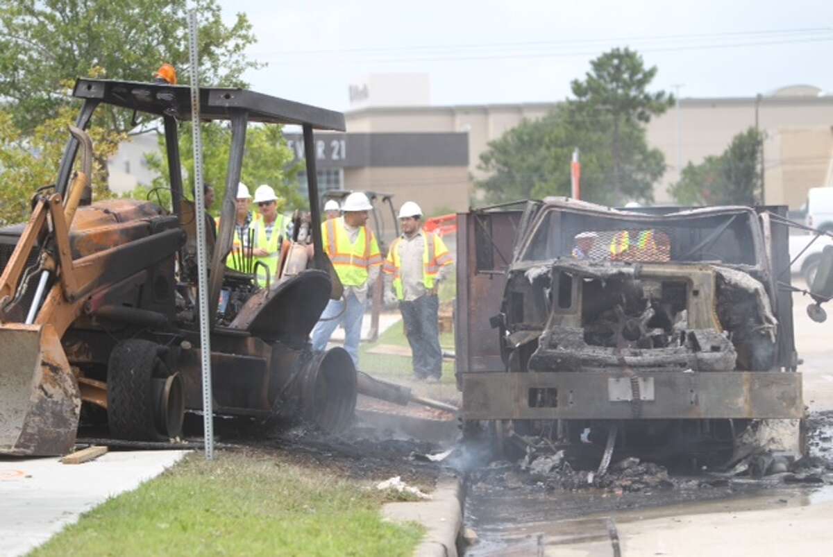 Gas line rupture sparks flames along Gulf Freeway.