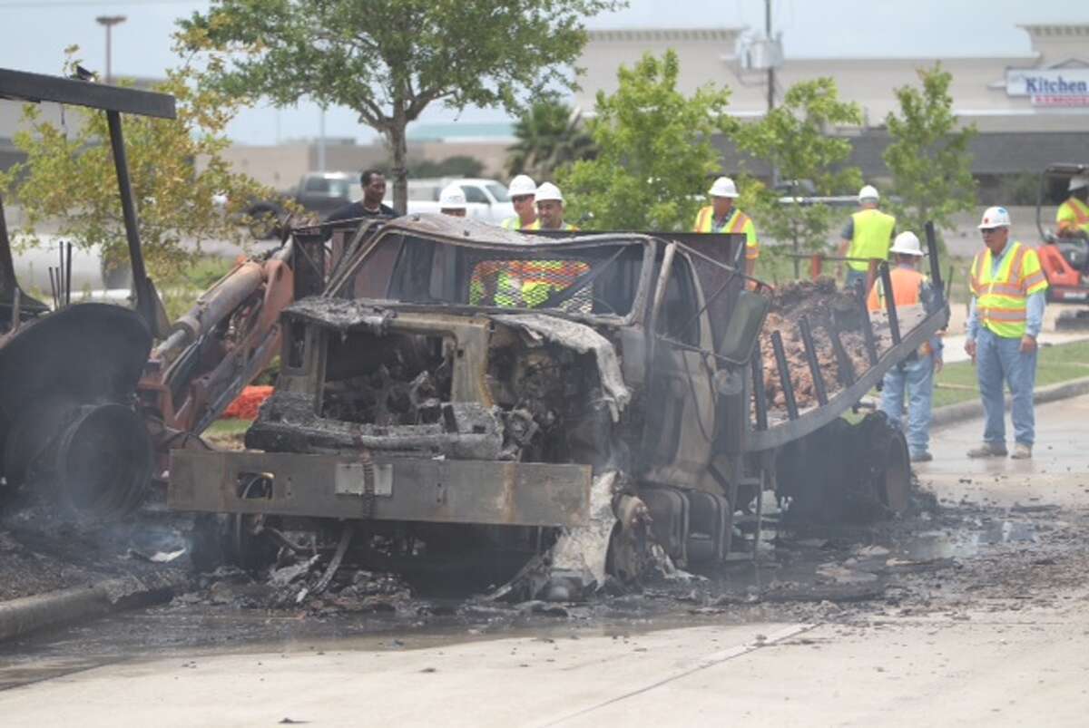 Gas line rupture sparks flames along Gulf Freeway.