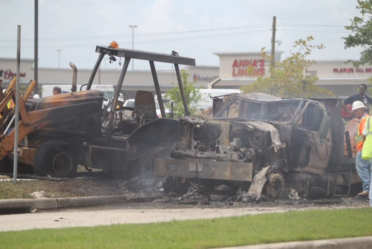 Gas line rupture sparks flames along Gulf Freeway.