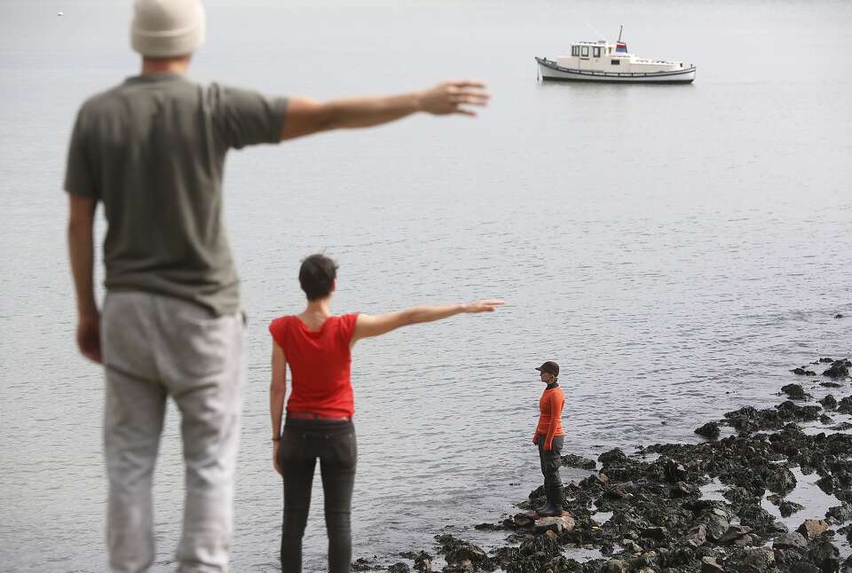 Artist stands in bay to turn tide against global warming