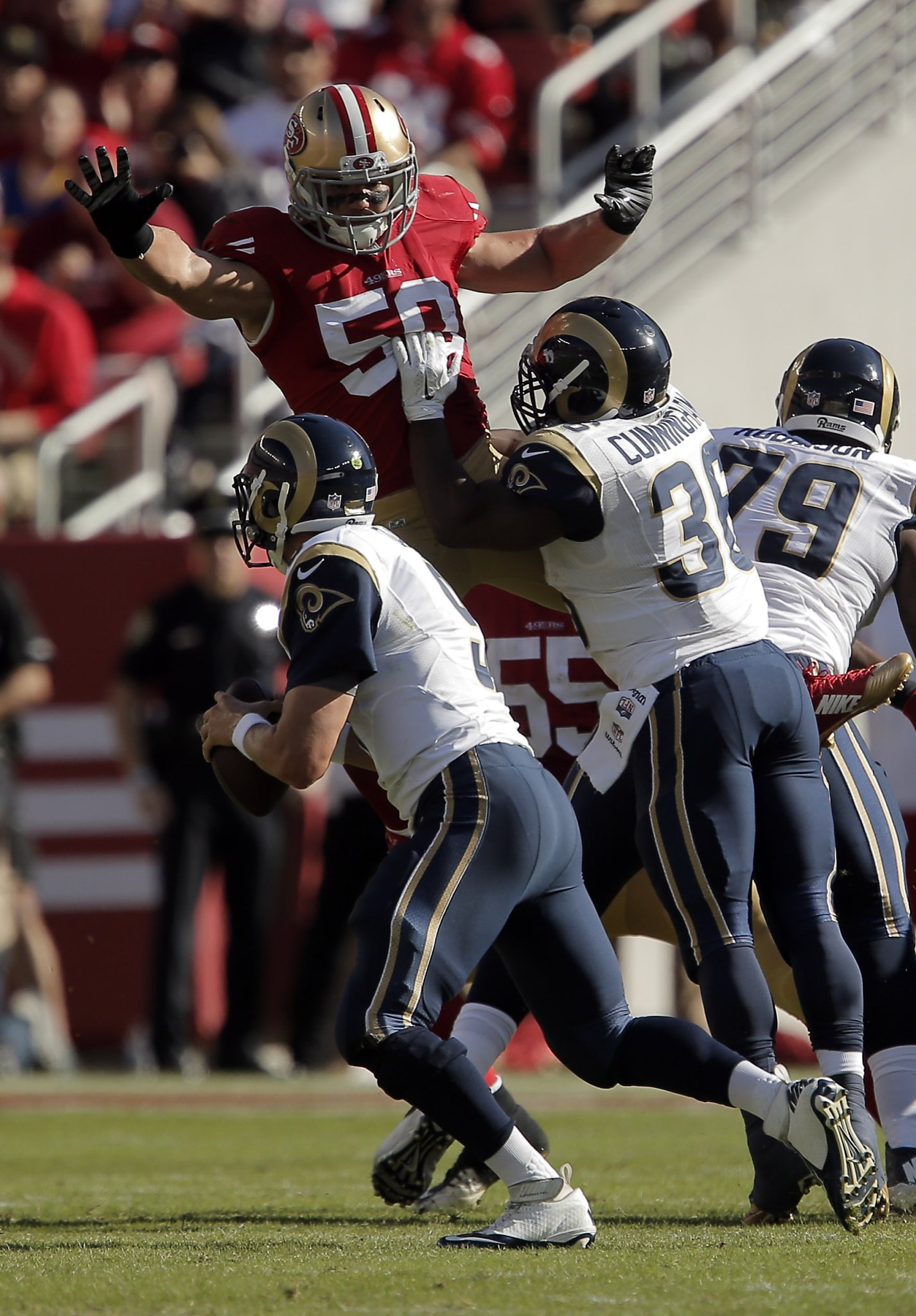 Chris Borland records 18 tackles as Patrick Willis’ fill-in
