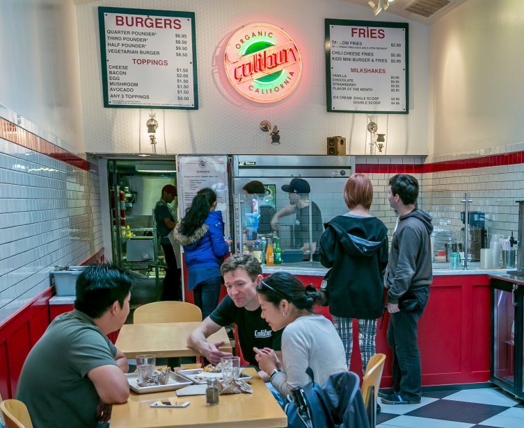 Calibur’s organic burgers boast juicy appeal, with a rough-hewn texture