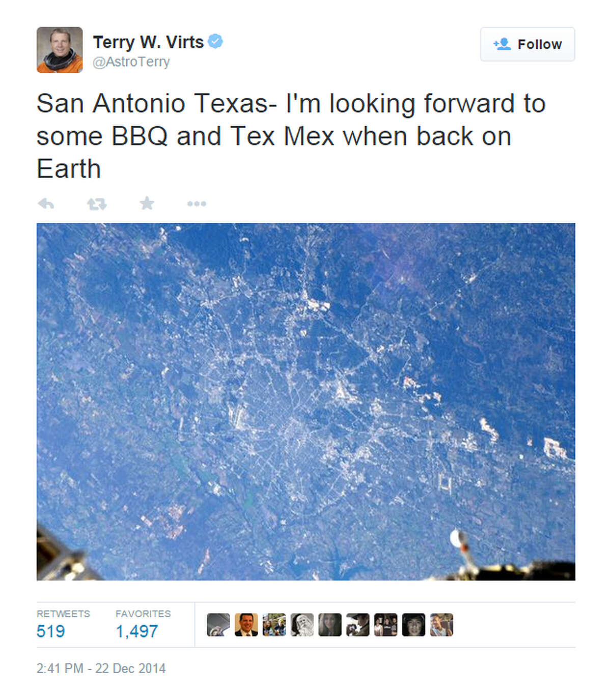 Astronaut Terry Virts tweets photo of San Antonio from space