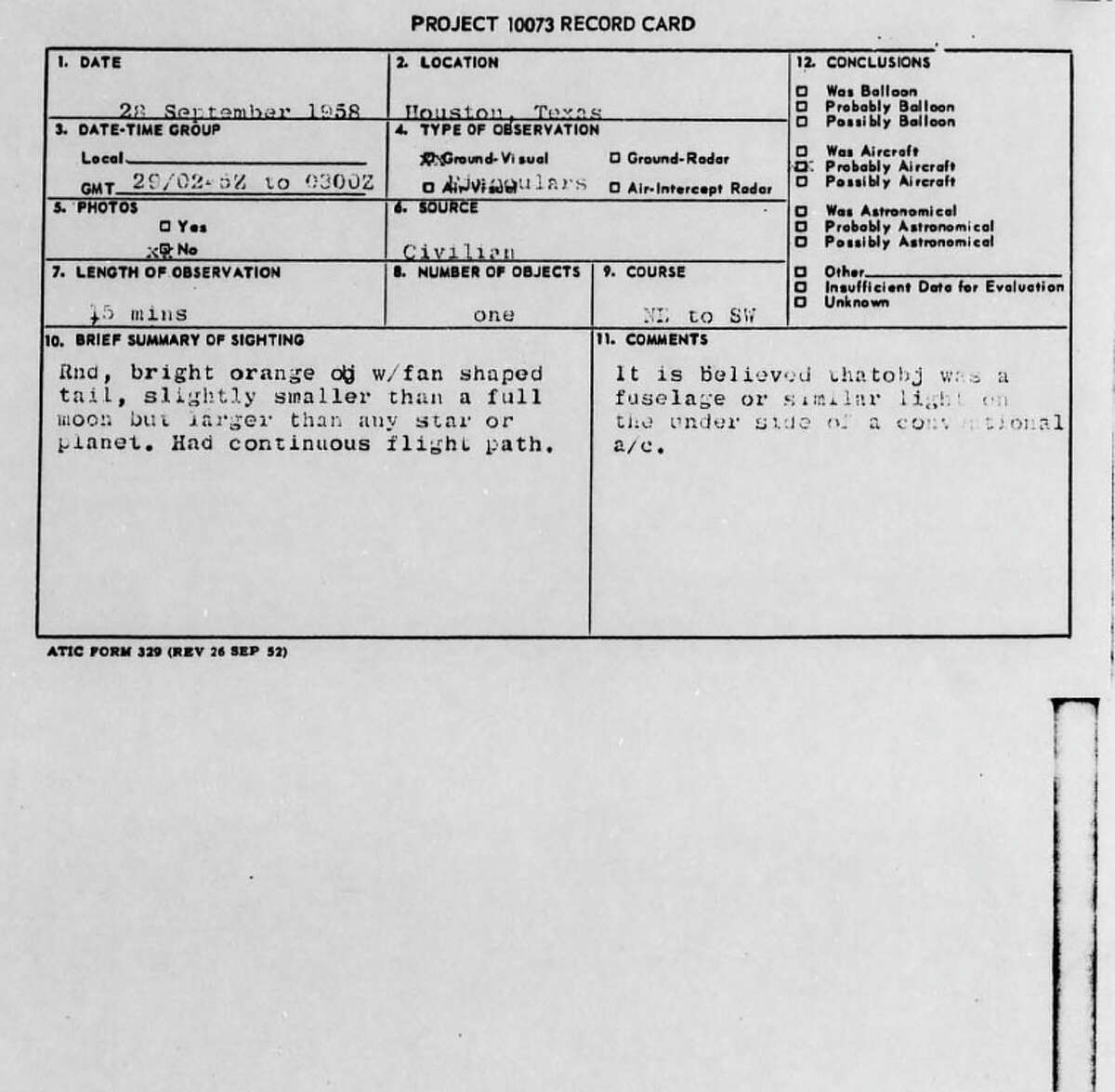 Project Blue Book reveals Houston UFO incidents