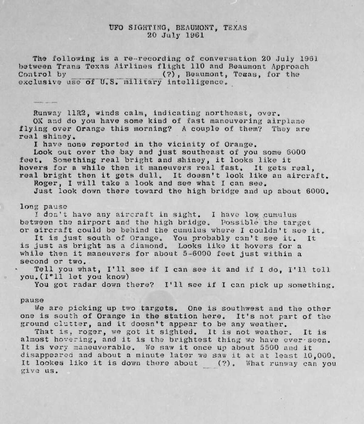 Project Blue Book reveals Houston UFO incidents