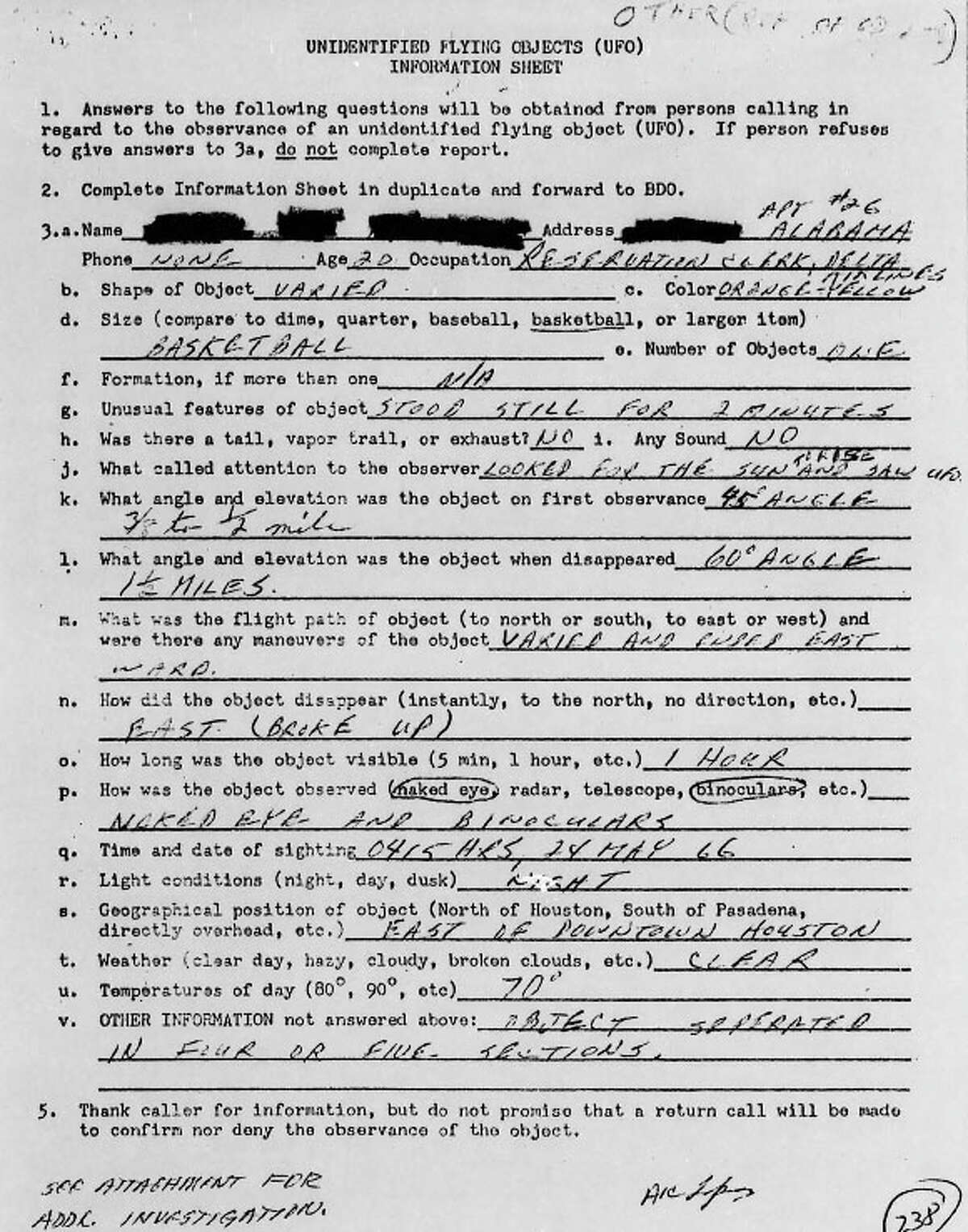 Project Blue Book reveals Houston UFO incidents