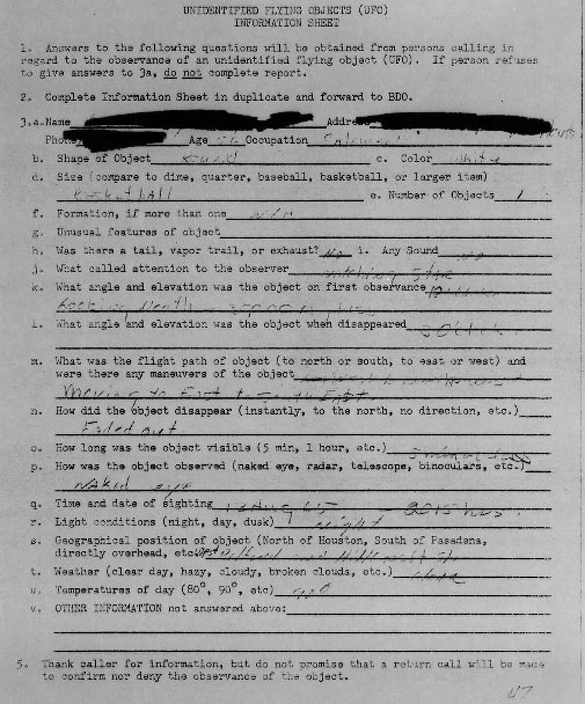 Project Blue Book reveals Houston UFO incidents