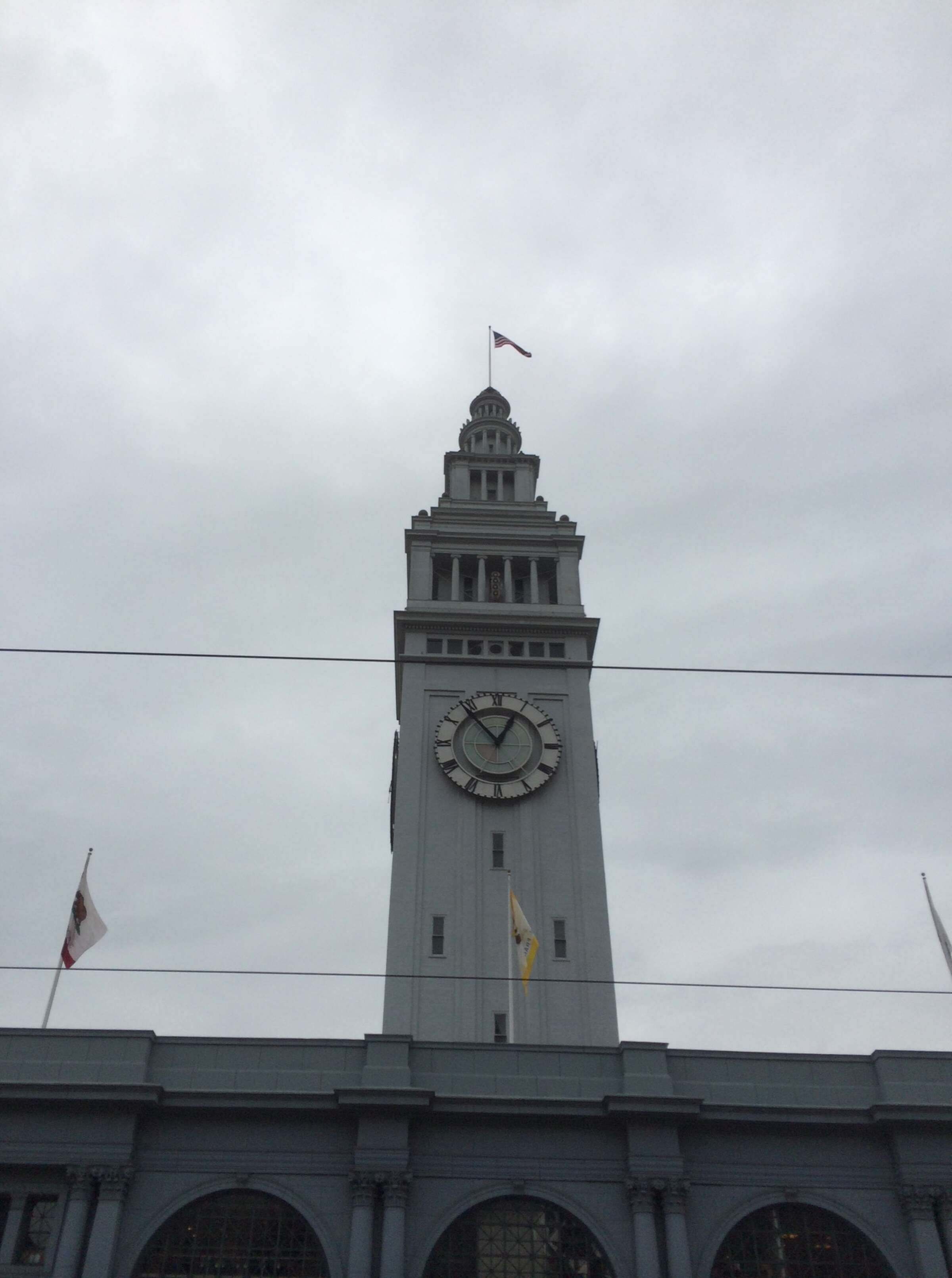 Atop the Ferry Building, looking down on S.F.