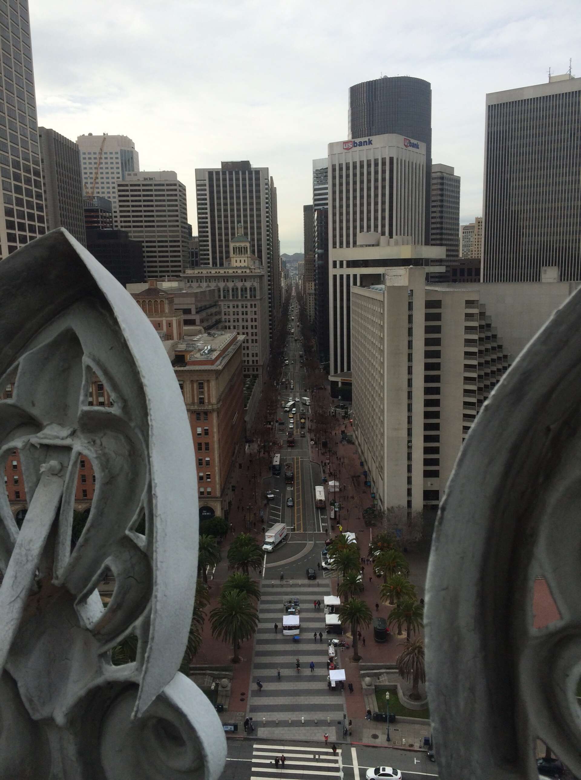 Atop the Ferry Building, looking down on S.F.