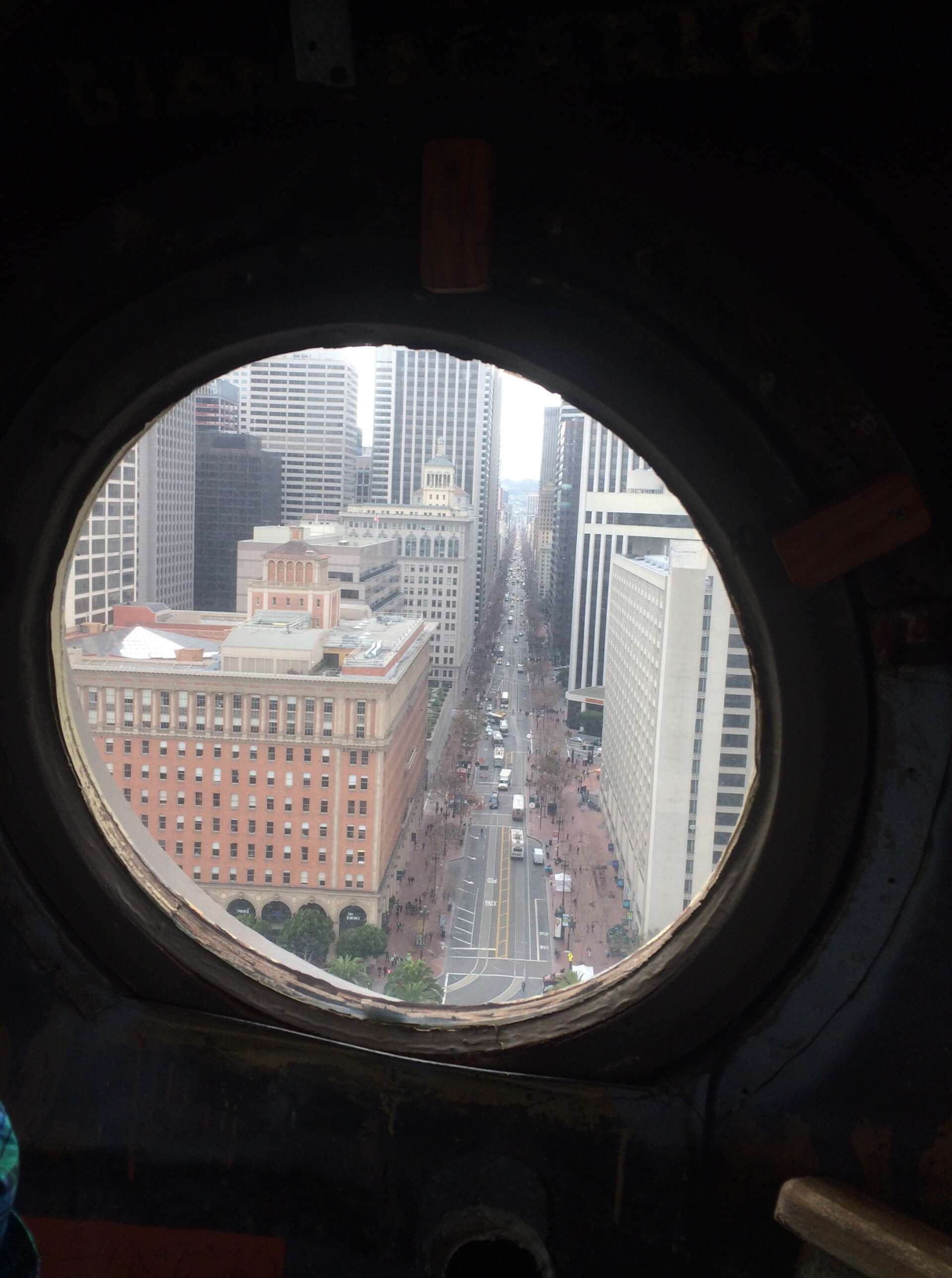 Atop the Ferry Building, looking down on S.F.