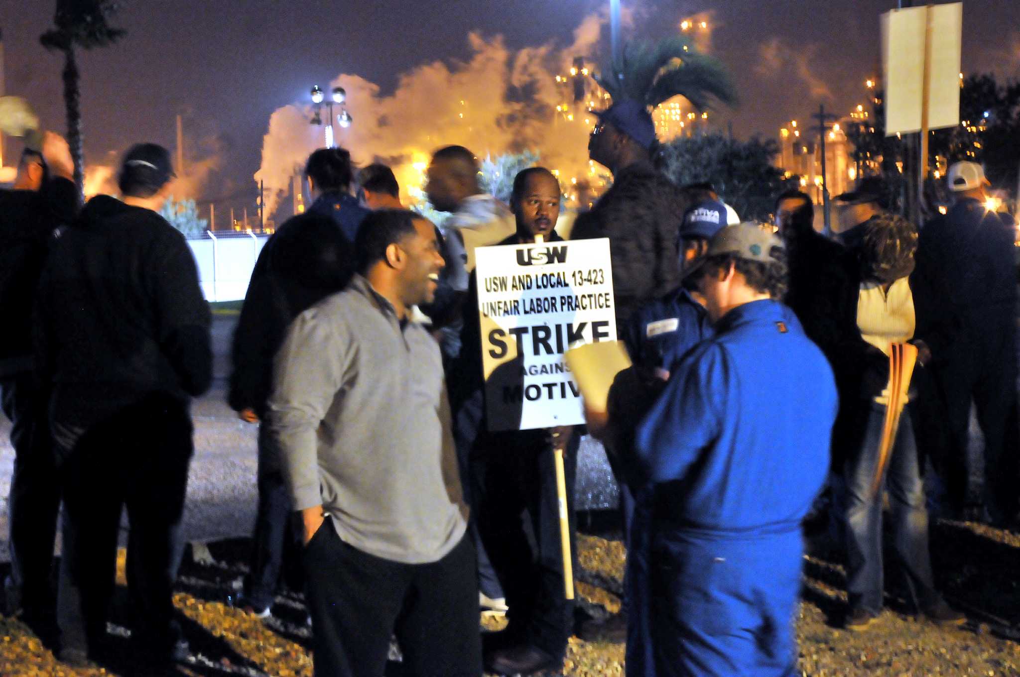 USW members strike after midnight outside Motiva in Port Arthur